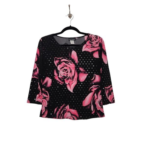 Brittany Black | Tops | Vintage Y2k Roses Flowers Black Pink Sequence ...